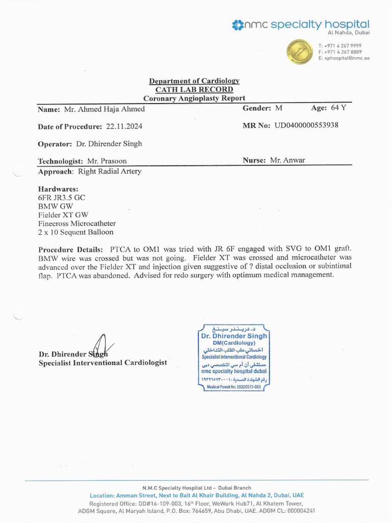 Department of Cardiology CATH LAB RECORD Coronary Angioplasty Report MR ...