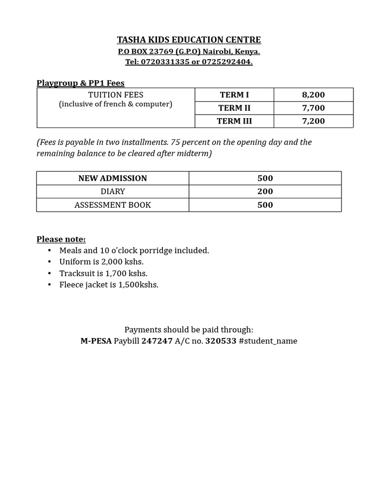 Tasha Kids Playgroup Fees Structure | PDF