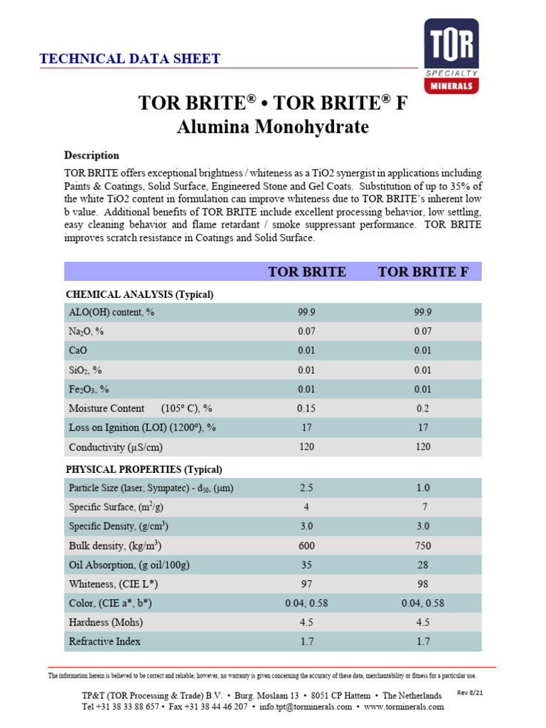 TOR BRITE® Alumina Monohydrate Overview | PDF | Aluminium Oxide ...
