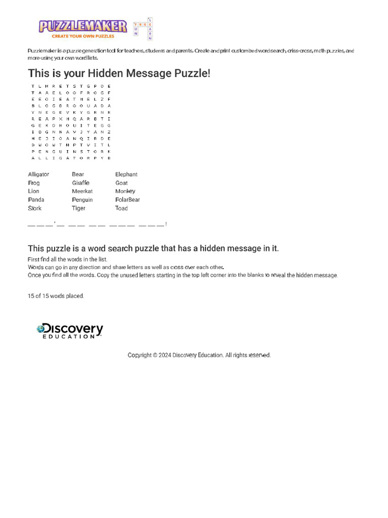 Hidden Message Puzzle - Discovery Education Puzzlemaker | PDF