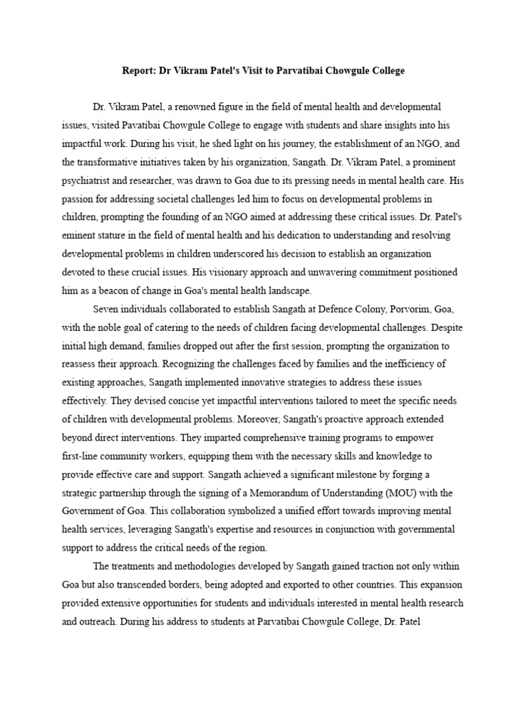 Report - DR Vikram Patel's Visit To Parvatibai Chowgule College | PDF ...