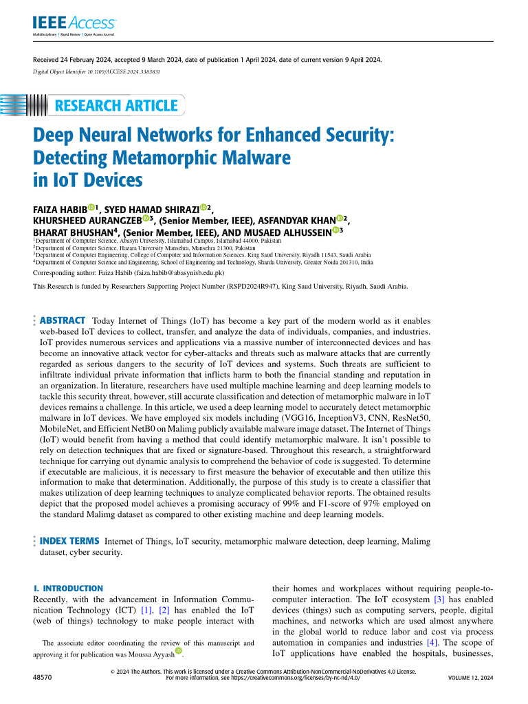 Deep Neural Networks For Enhanced Security Detecting Metamorphic Malware in IoT Devices | PDF ...