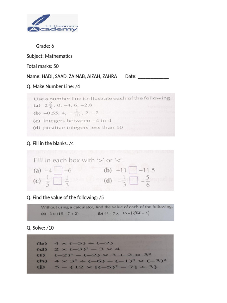 Mathematics Exam Questions Grades 6-8 | PDF