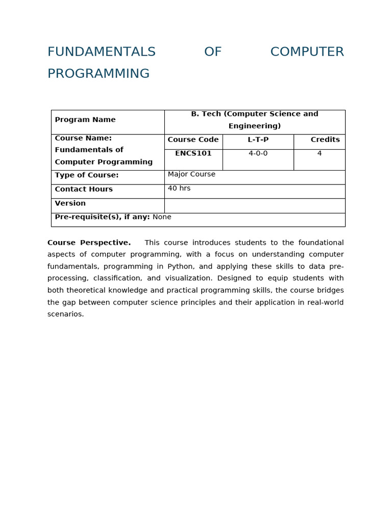 Fundamentals Of Computer Programming Syllabus Pdf Computer Programming Method Computer