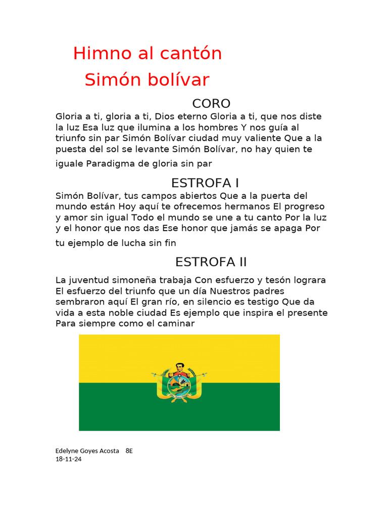 Himno Al Cantón Simón Bolívar Ecuador | PDF
