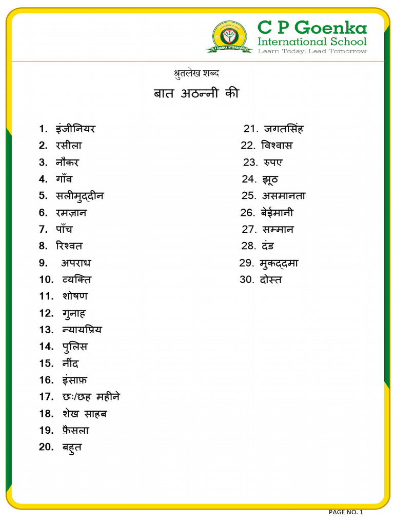 Baat Athanni Dictation Words | PDF