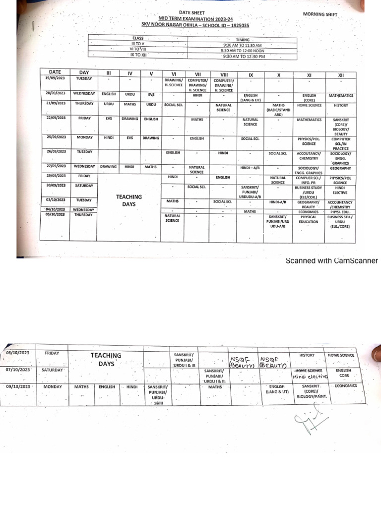 Half Yearly Examination Date Sheet 2023-24 | PDF