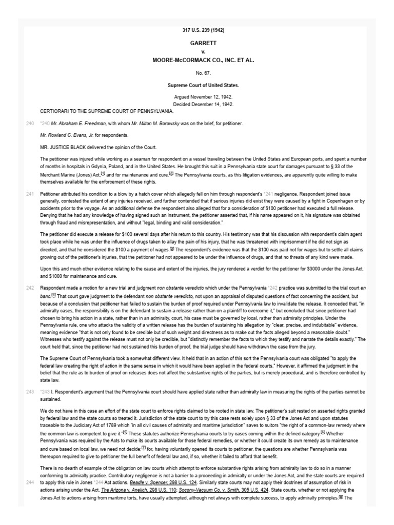 Garrett v. Moore-McCormack Co., 317 US 239 - Supreme Court 1942 | PDF ...