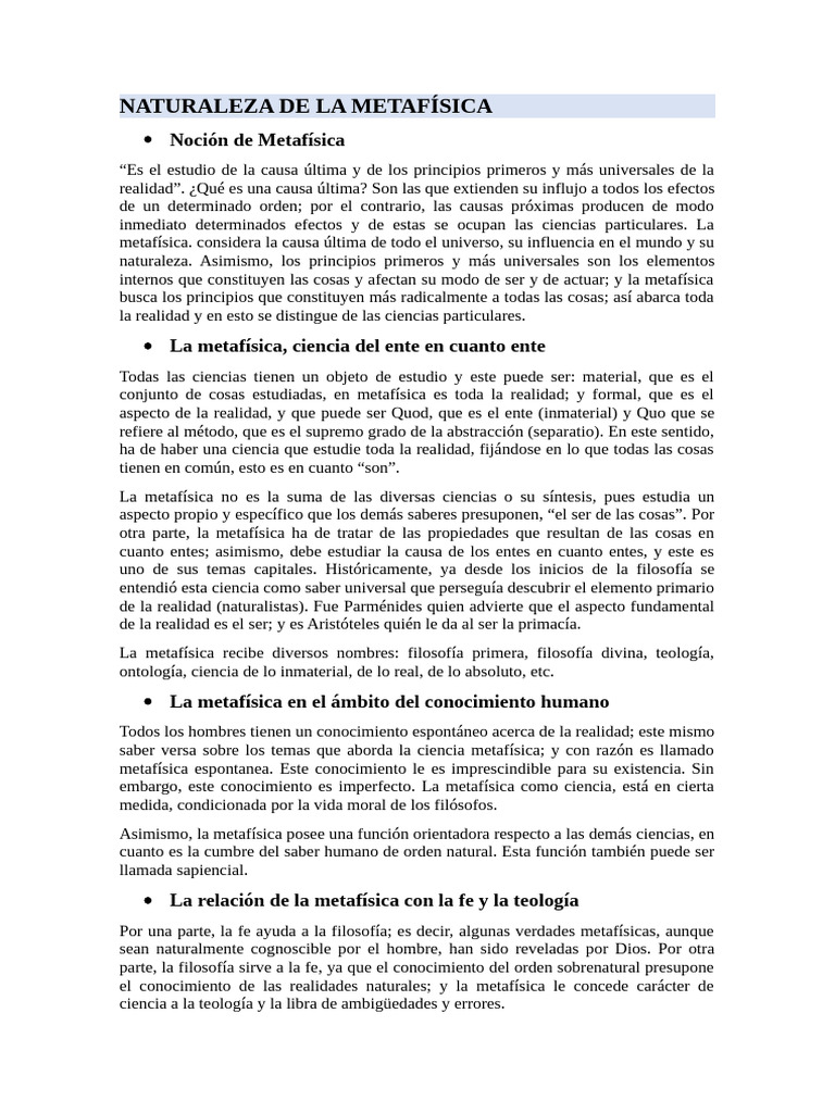 Esquema de Metafísica | PDF | Metafísica | Teoría de sustancias