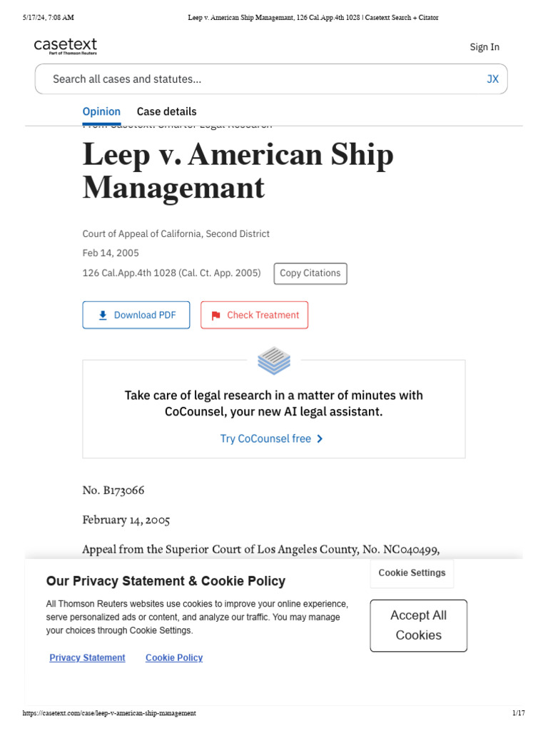 Leep v. American Ship Managemant, 126 Cal - App.4th 1028 - Casetext ...