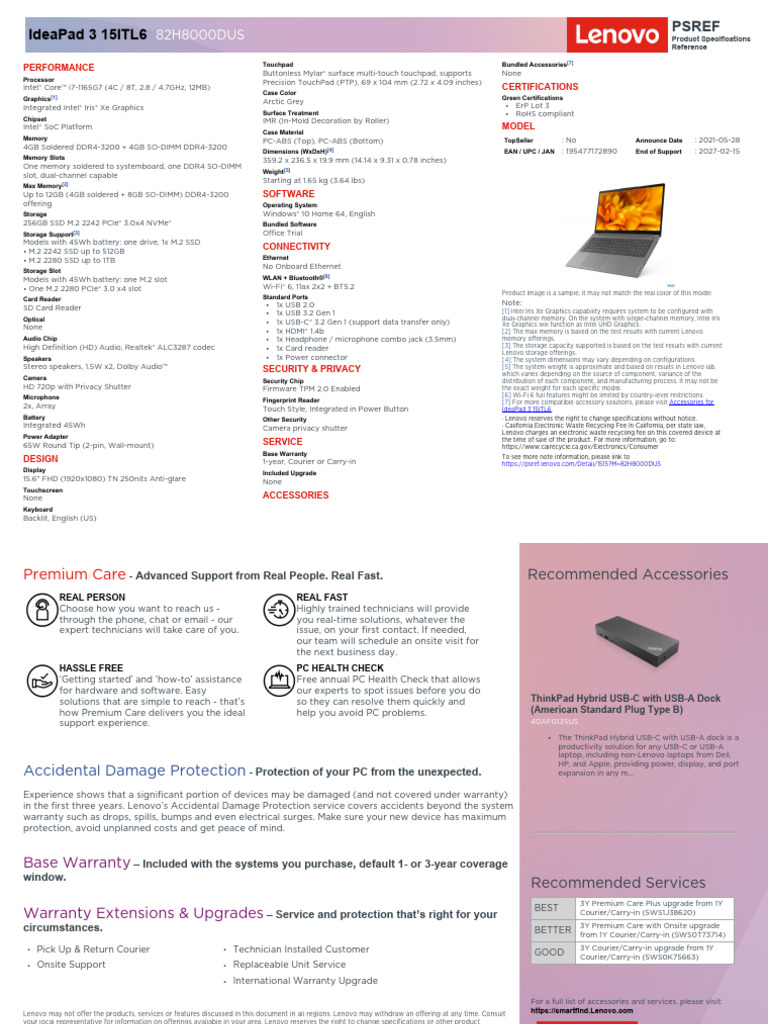 IdeaPad 3 15ITL6 82H8000DUS | PDF | Usb | Personal Computers