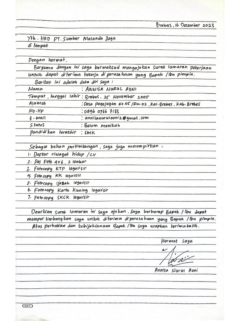 Berkas Lamaran Annisa Nurul Aeni | PDF