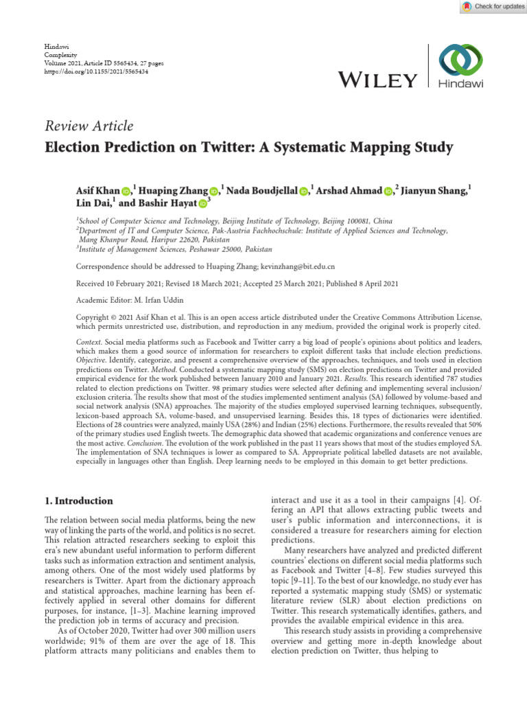 Complexity - 2021 - Khan - Election Prediction On Twitter A Systematic ...