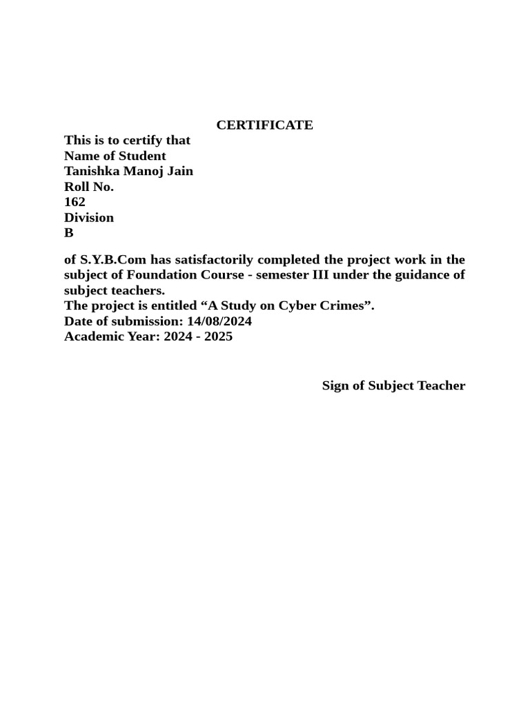 Certificate for Cyber Crimes Project | PDF