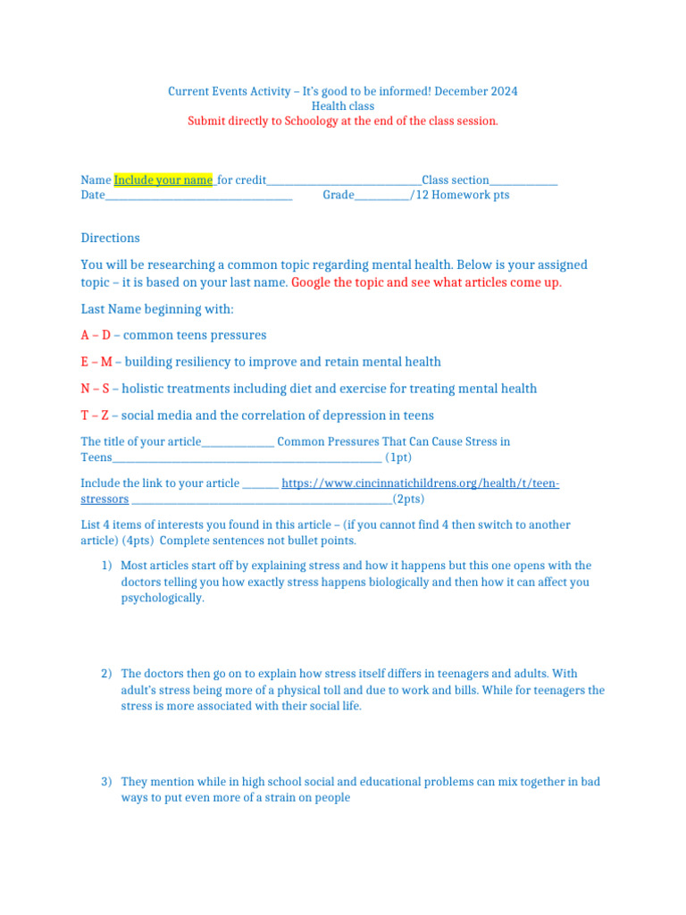Current Events Mental Health Article Dec 2024 | PDF | Stress (Biology ...