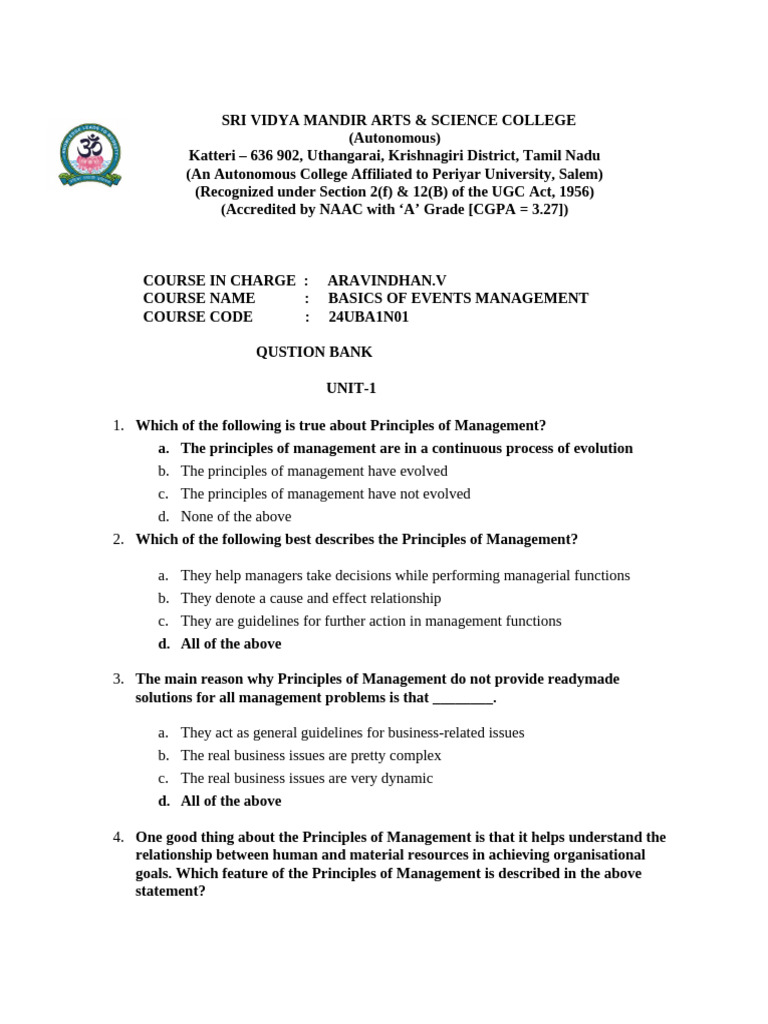 Basics of Event MGT Qustion Bank-2024-2025 | PDF | Policy | Strategic ...