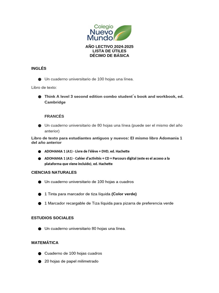 10mo EGB Lista de útiles 24-25 | PDF | Papelería | Materiales de impresión