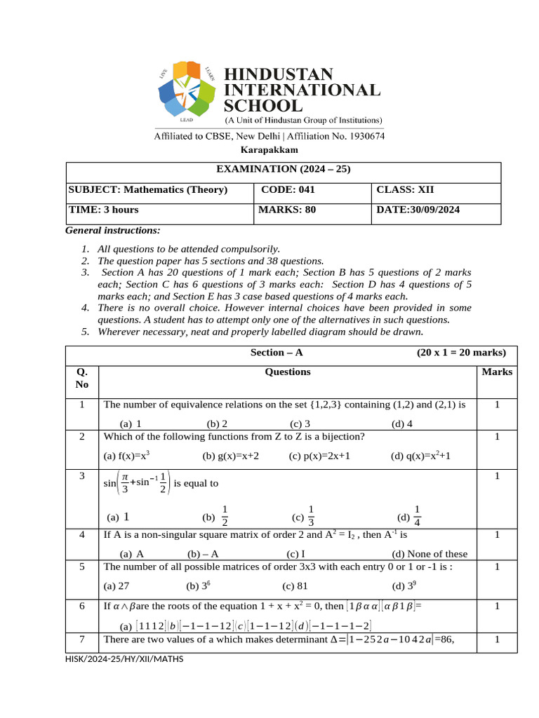 G12HY2024-25Maths | PDF | Applied Mathematics | Mathematical Concepts