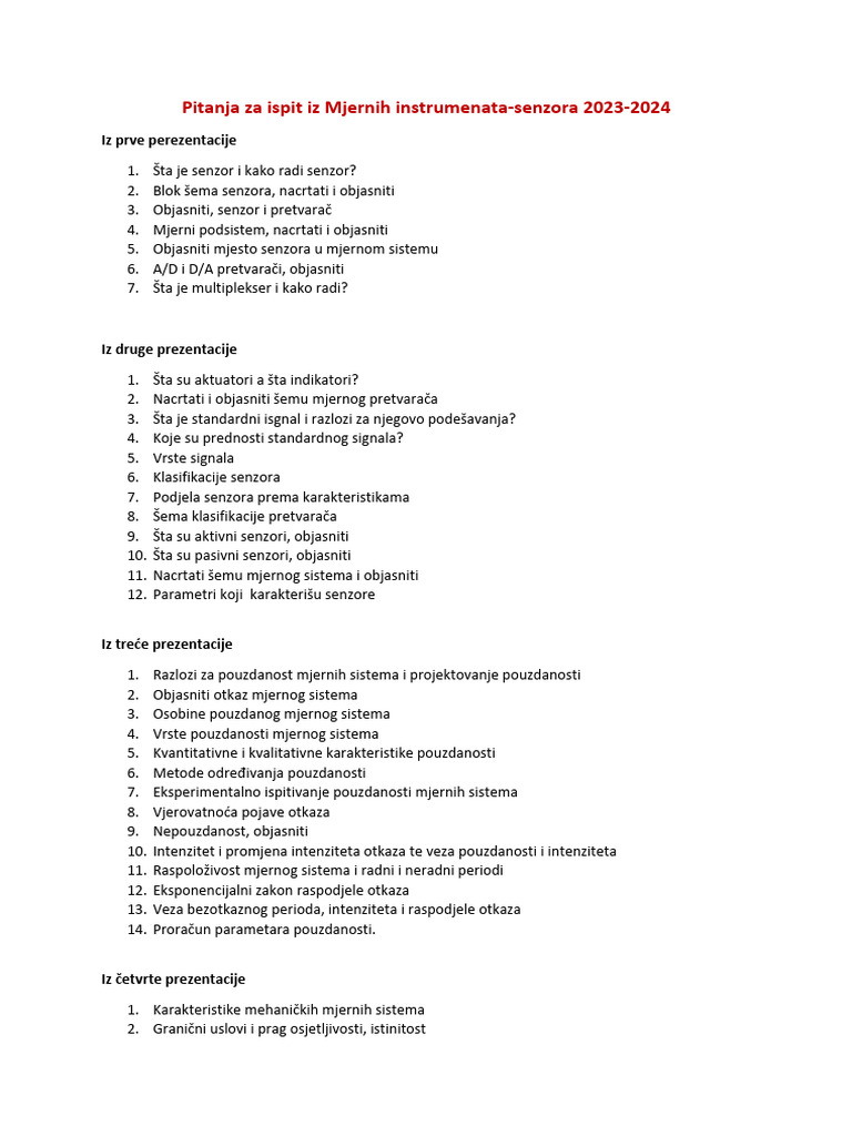 Pitanja Za Ispit Iz Mjernih Instrumenata-Senzora 2023-2024 | PDF