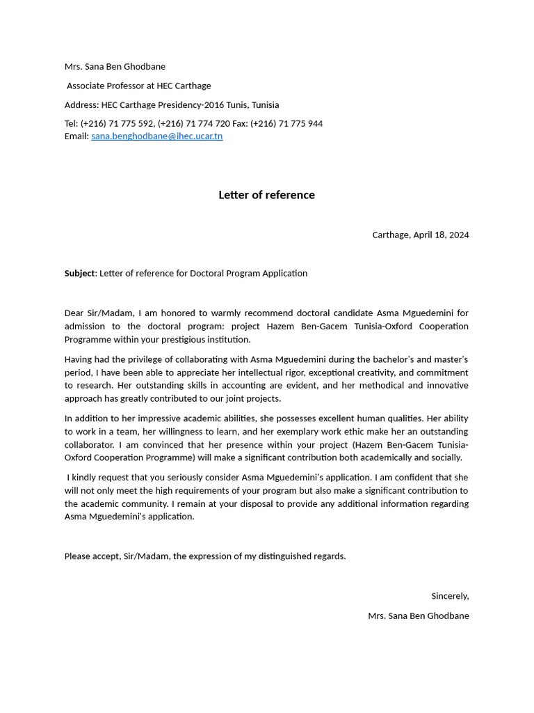 Lettre of Reference | PDF
