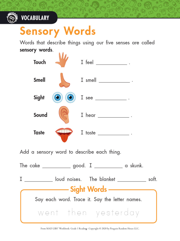 Mad Libs Workbook Grade 1 Sensory Words | PDF