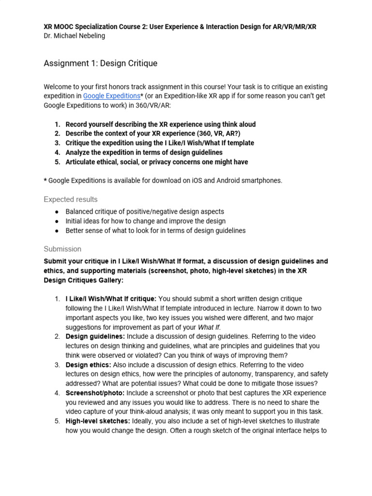 XR MOOC 2 Assignment 1 Design Critique | PDF | Virtual Reality ...