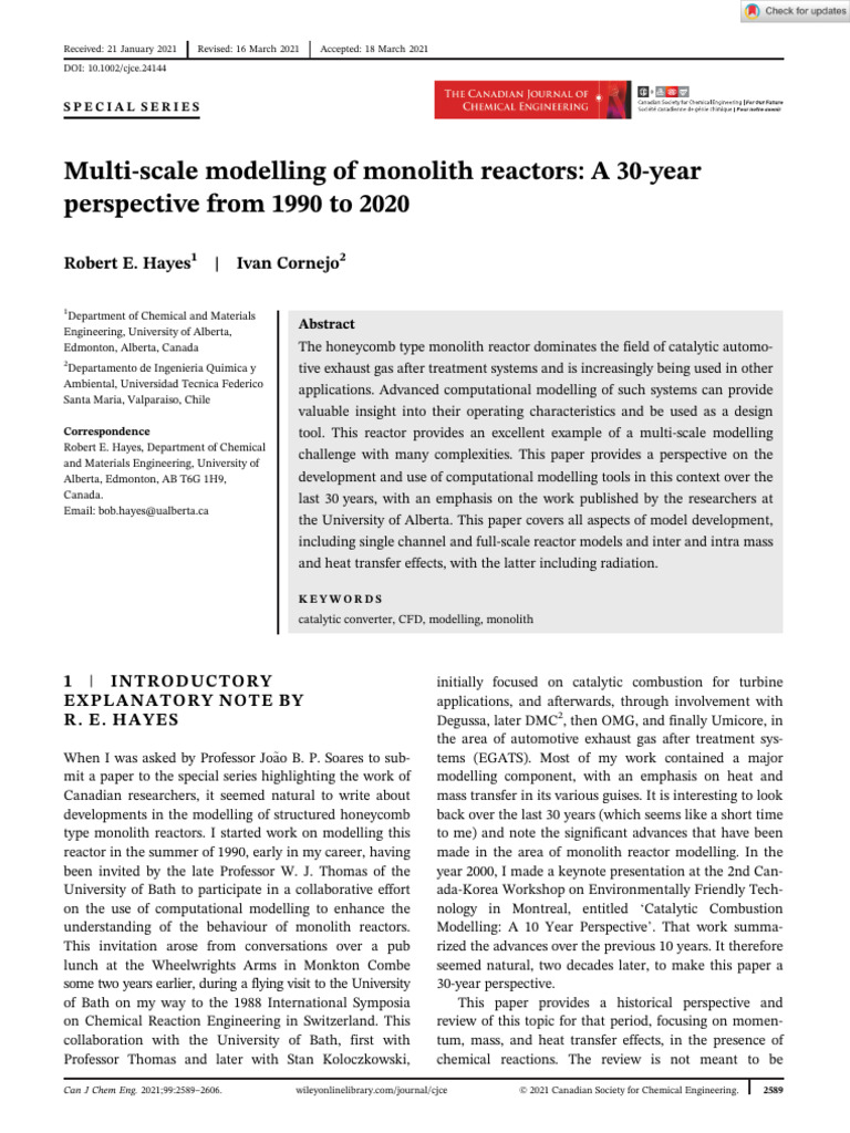 Can J Chem Eng - 2021 - Hayes - Multi Scale Modelling of Monolith ...