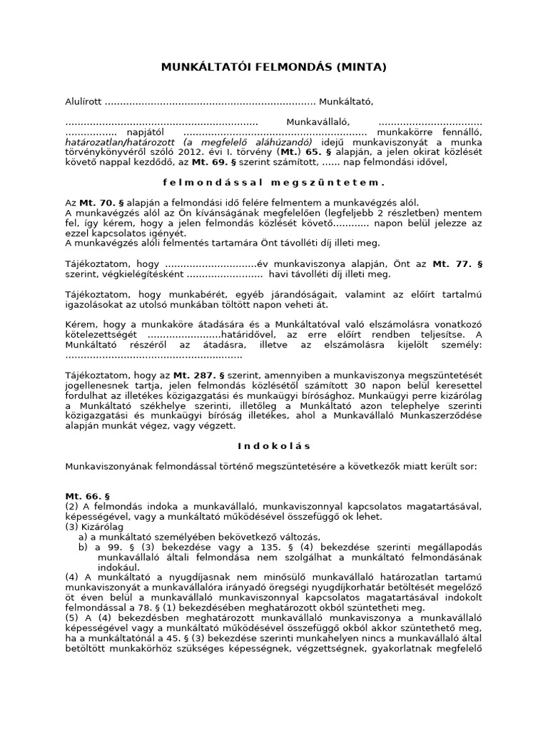 Munkaltatoi Felmondas Minta | PDF