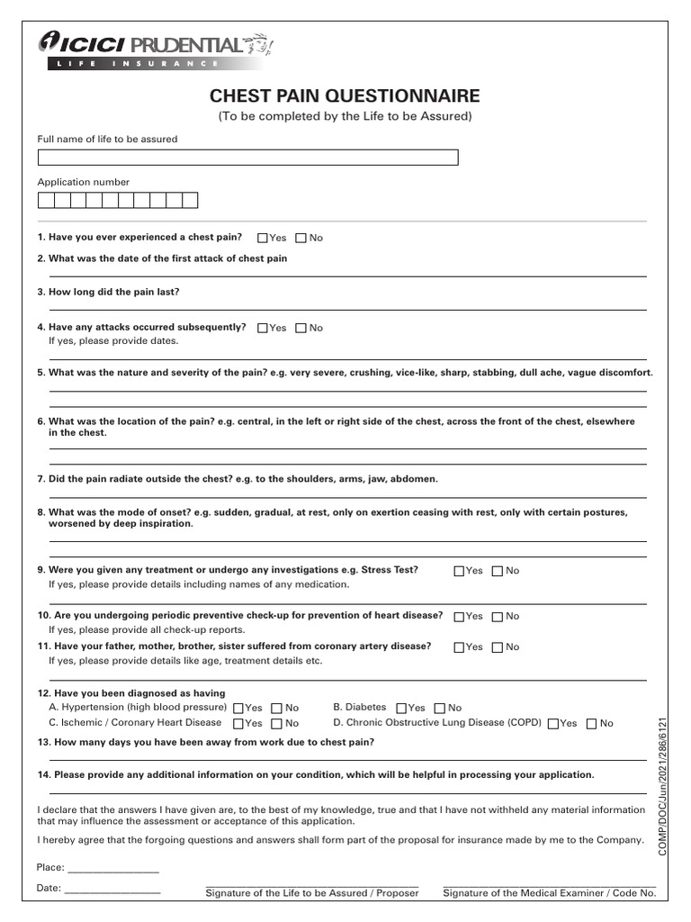 Chest Pain Insurance Questionnaire | PDF | Pain | Thorax