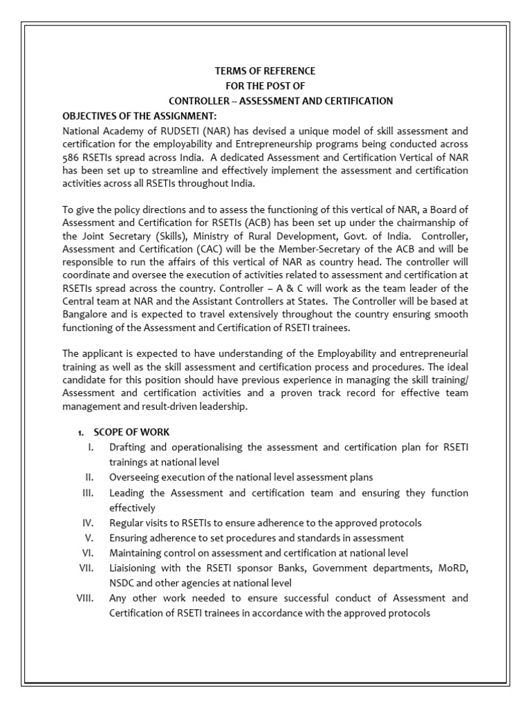 Controller ToRs 28072020-RUDSETI | PDF