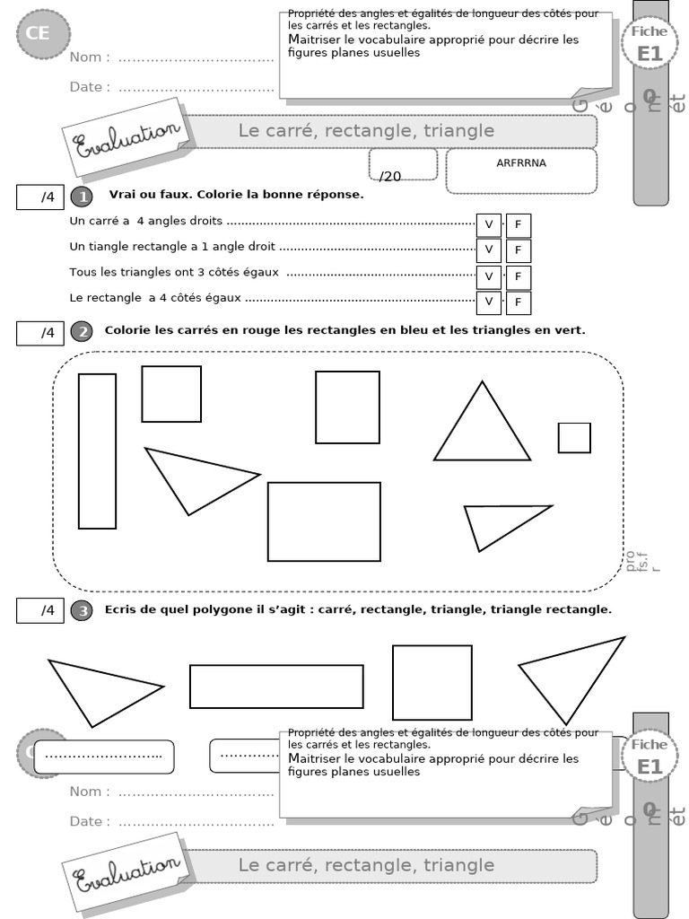 ce1-evaluation-carre-rectangle-triangle | PDF | Triangle | Polygone