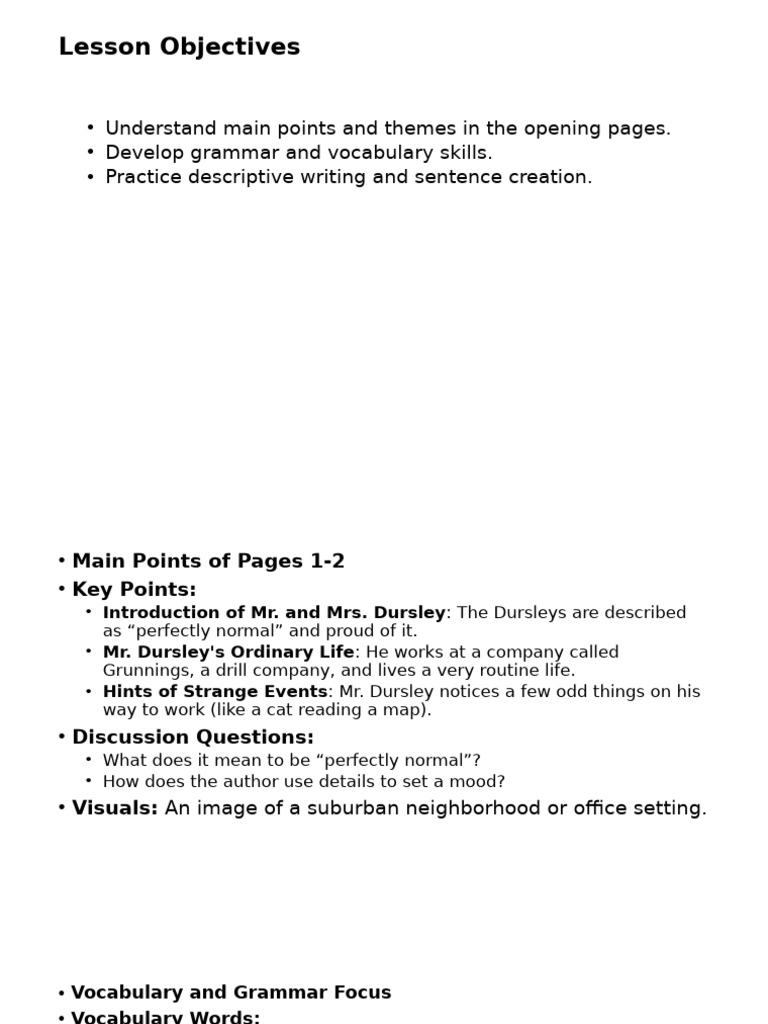 Harry Potter Page 1-2 Plan | PDF | Vocabulary | Adverb