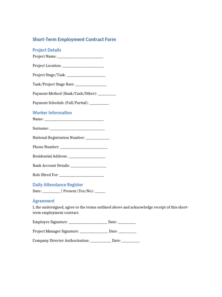 Short Term Employment Contract Form | PDF