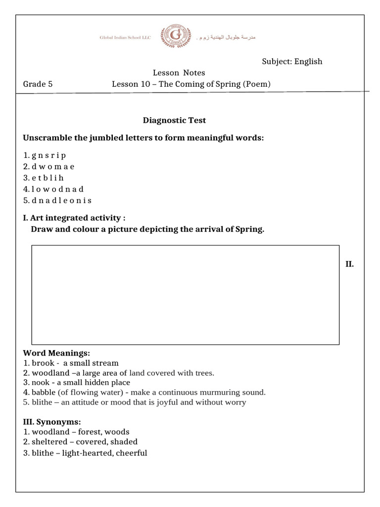 Grade 5 English - Lesson - 10 The Coming of Spring Notes 2024 | PDF