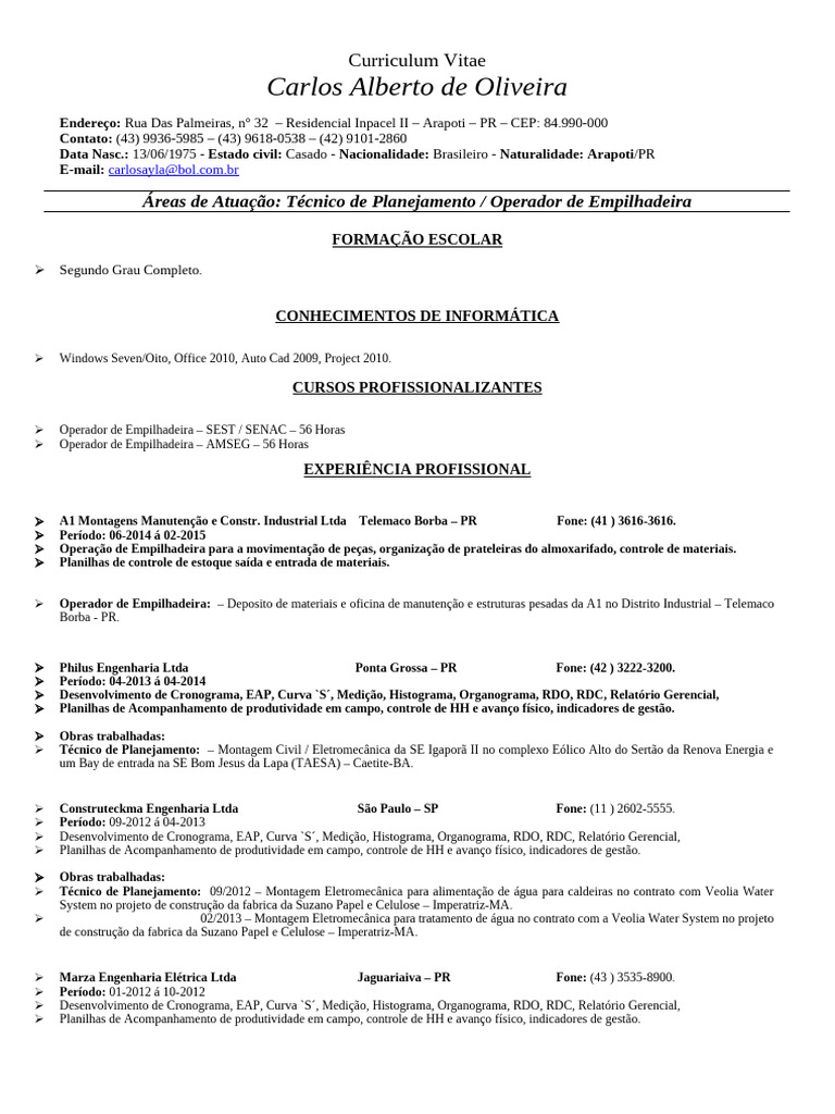 1 - CURRICULUM Carlos Alberto-Planejamento.1 | PDF | Engenharia