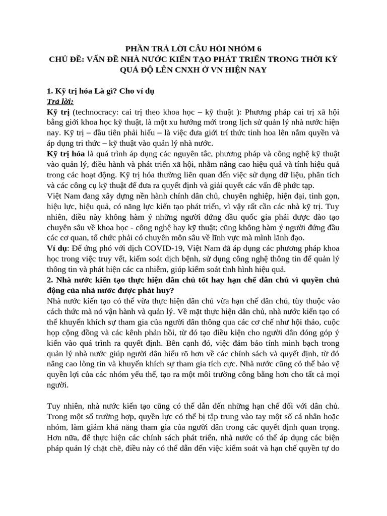 BT - N6 - Chủ Đề - Vấn Đề Nhà Nước Kiến Tạo Phát Triển Trong Thời Kỳ Quá Độ Lên CNXH Ở VN Hiện ...