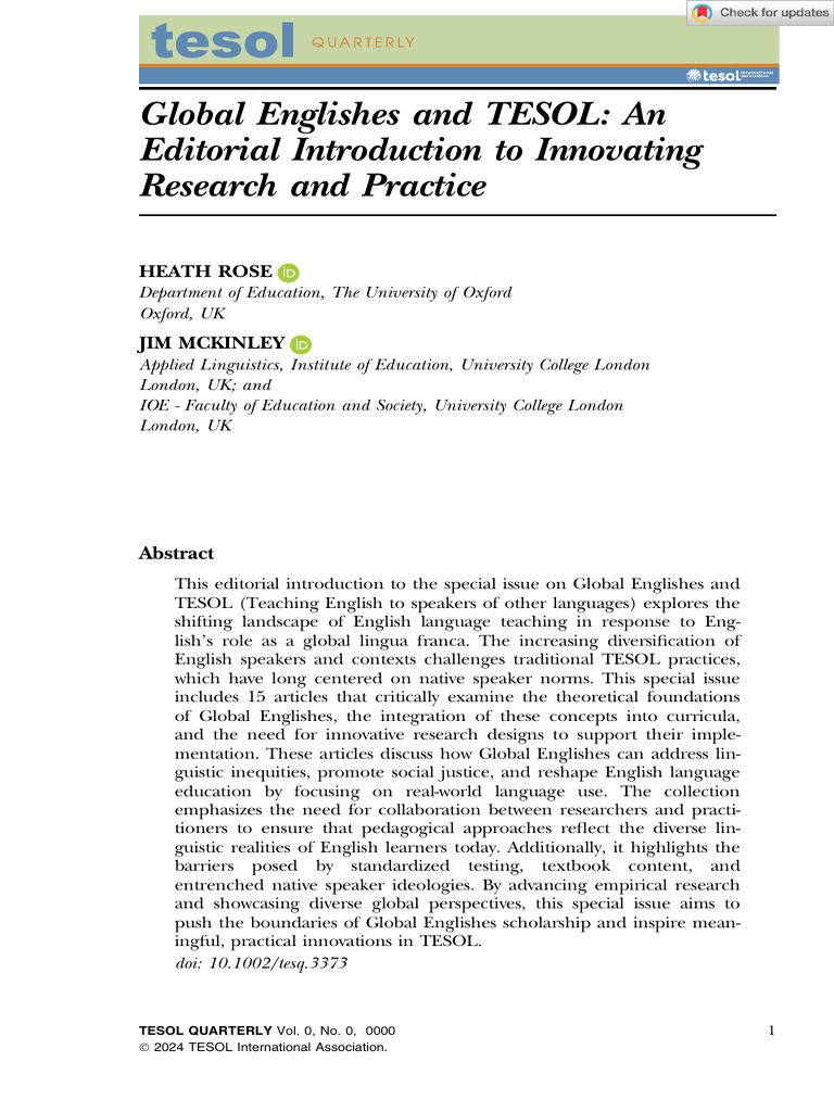Global Englishes in TESOL: Innovations | PDF | English As A Second Or ...
