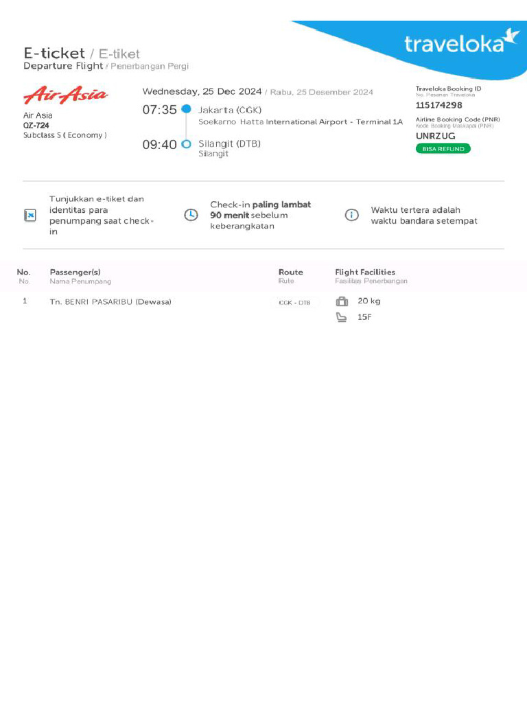 (Traveloka) Issued E-Ticket BENRI PASARIBU | PDF