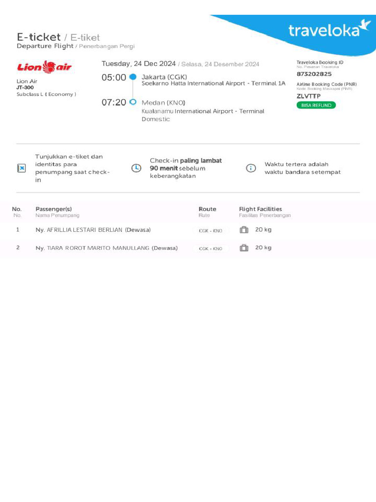 (Traveloka) Issued File E-Ticket Lion Air | PDF