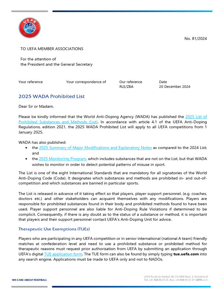 2025 WADA Prohibited List Update | PDF | Doping In Sport | Justice