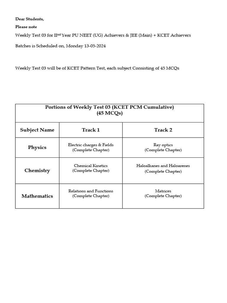 Test Portions of Weekly Test 03 KCET Cummulative For Students | PDF