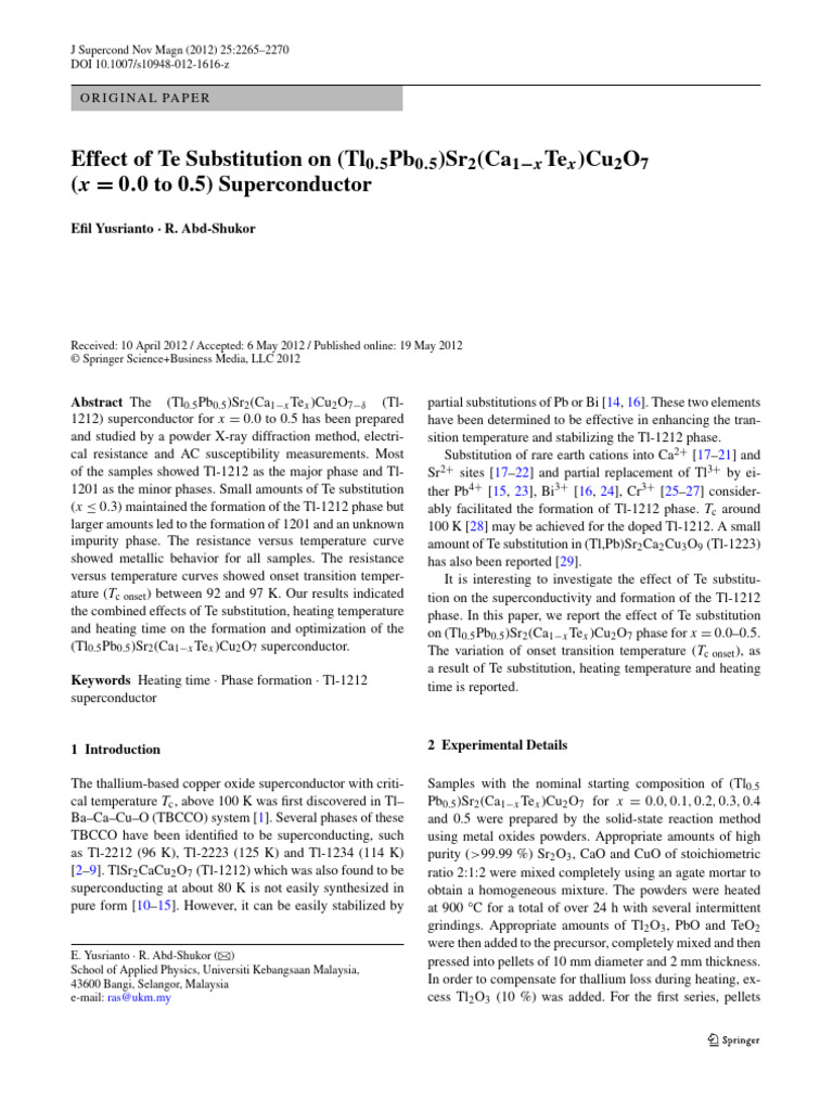 Effect of Te Substitution On (Tl0.5Pb0.5) Sr2 (Ca1 Xtex) Cu2O7 | PDF | Superconductivity ...