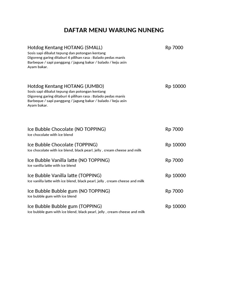 Daftar Menu Warung Nuneng | PDF