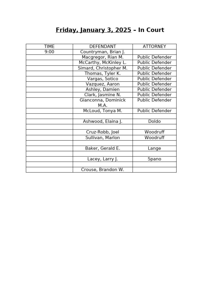 Jefferson County Court Calendar - Jan 3, 2025 | PDF