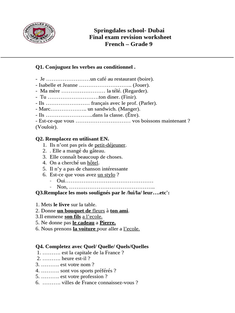 Révision finale de français 9ème année | PDF