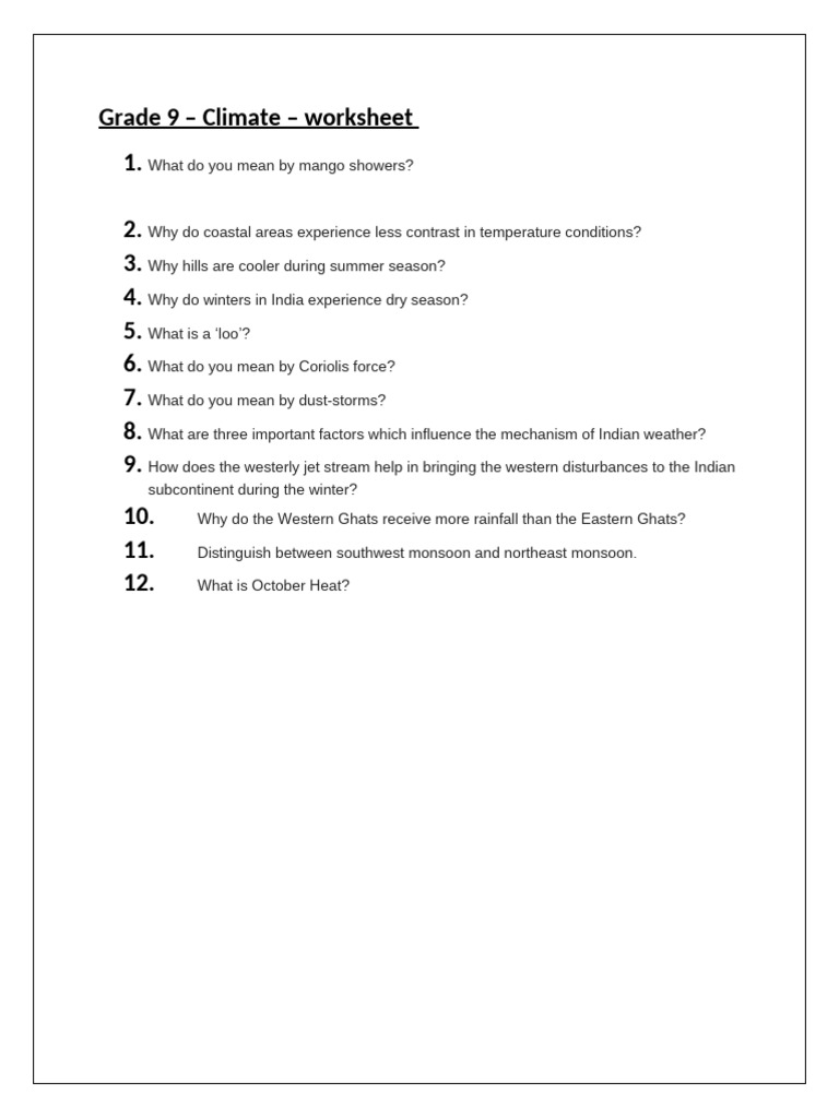 Grade 9 - Climate - Worksheet | PDF
