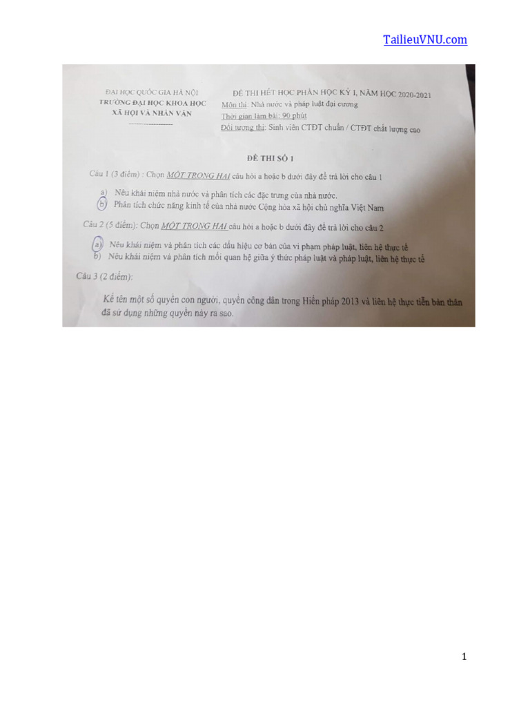 Đề thi Nhà nước pháp luật đại cương đề số 1 kỳ 1 năm học 2020-2021 - USSH | PDF