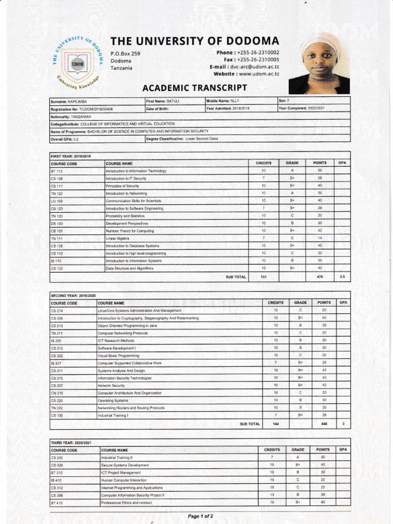 UDOM BSc Computer Security Transcript | PDF | Computer Programming | Telecommunications