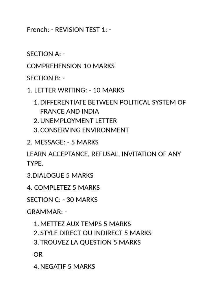 French Revision Test 1 Portions and Pattern | PDF