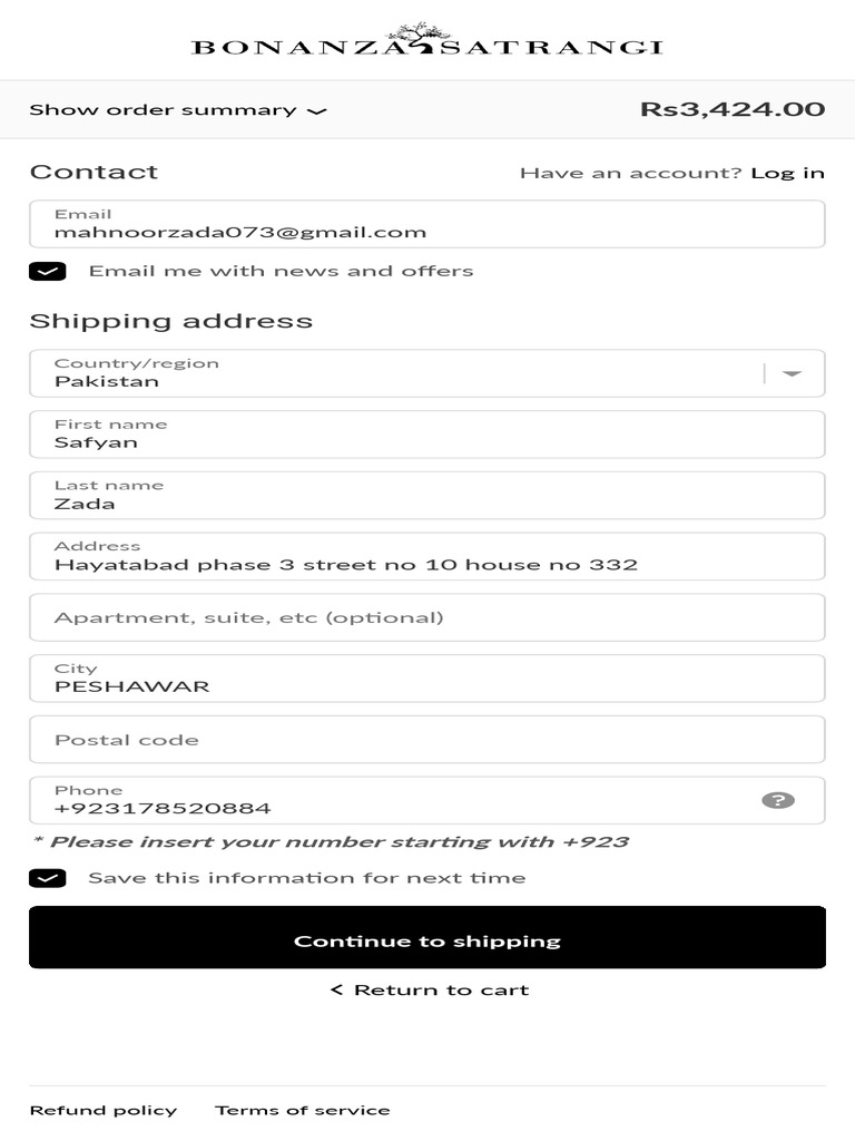 Information - Bonanza Satrangi PK - Checkout | PDF